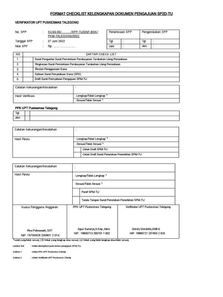 Format Checklist Kelengkapan Dokumen Pengajuan Sp2d Tu | PDF