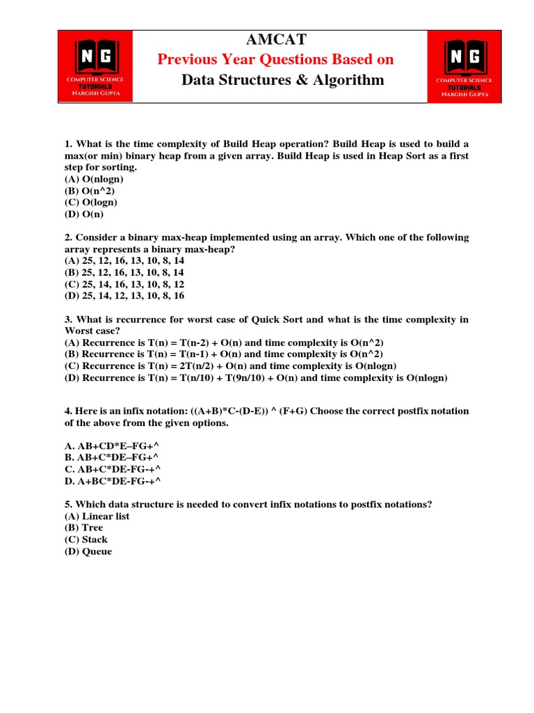 Amcat Data Structures and Algorithm Questions | PDF | Queue (Abstract Data Type) | Computer ...
