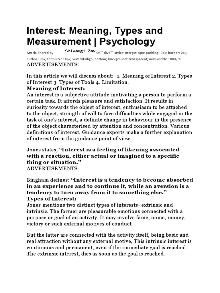 Interest: Meaning, Types and Measurement - Psychology | PDF ...