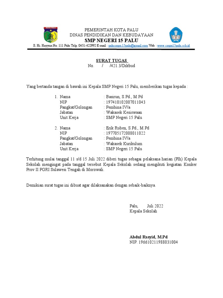 Surat Pelimpahan Tugas Kepala Sekolah | PDF