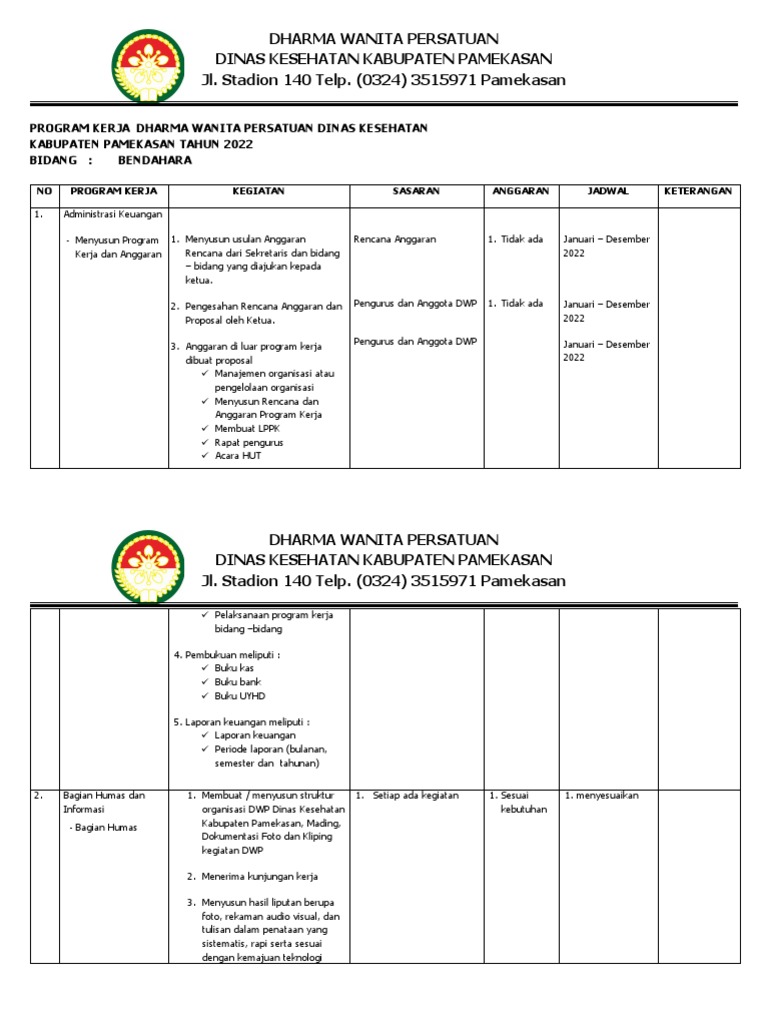 Program Kerja Bendahara 2022 | PDF