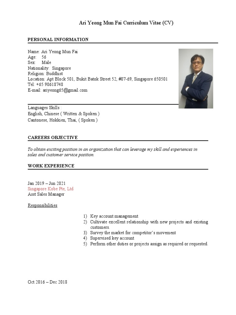Ari Yeong Mun Fai Curriculum Vitae (CV) : Personal Information | PDF ...