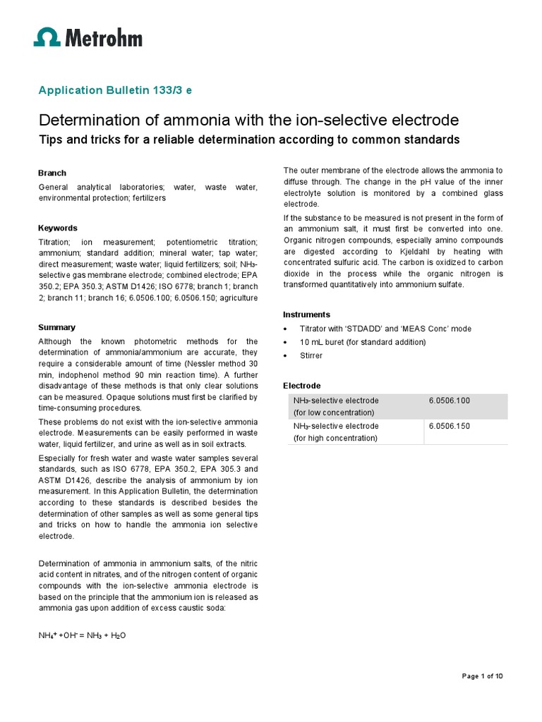 Determination of Ammonia With The Ion-Selective Electrode | PDF ...