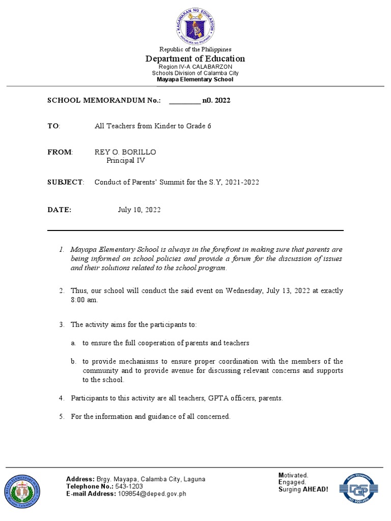 School Memo For Parents Summit | PDF