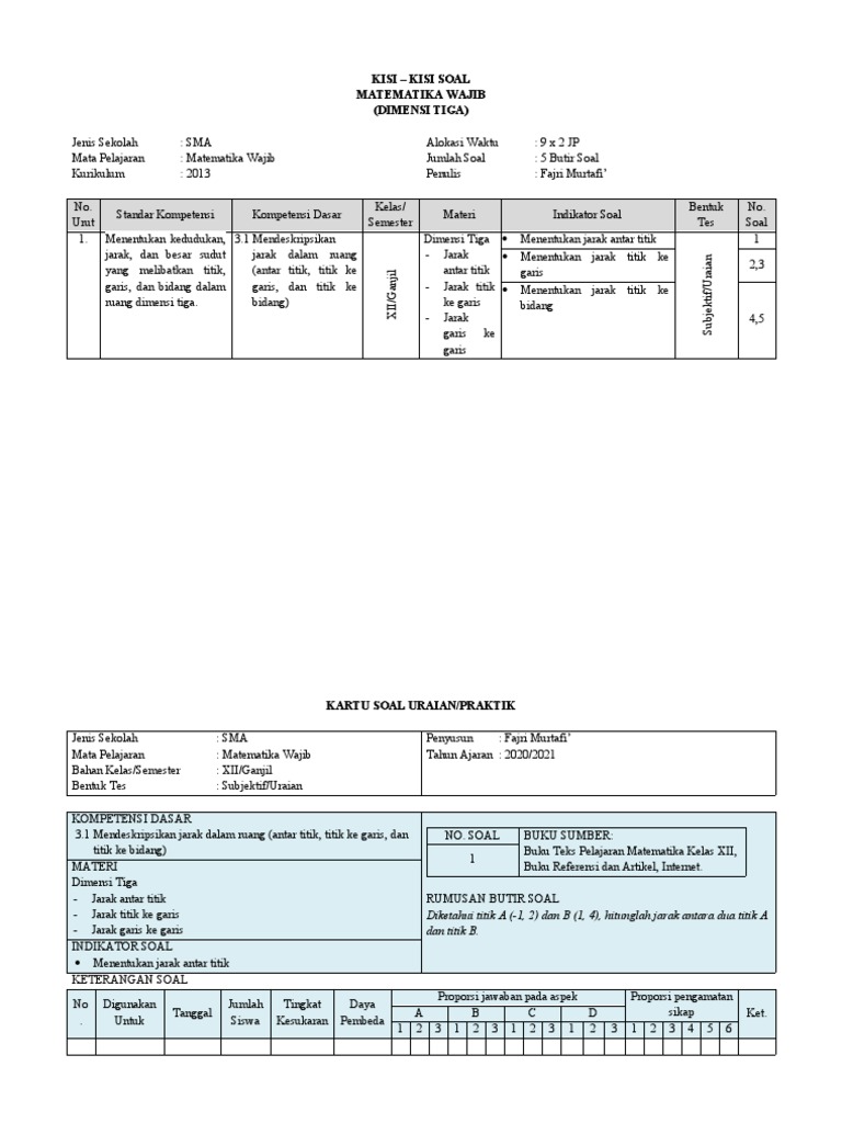 Kisi-Kisi, Kartu Soal, Dan Pedoman Penskoran | PDF