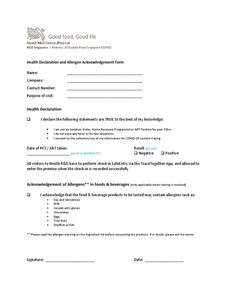 Allergen Acknowledgement Form | PDF