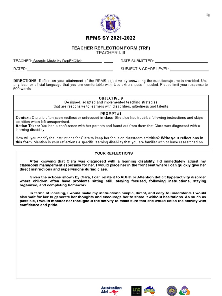 (Appendix 4A) Teacher Reflection Form For T I-III For RPMS SY 2021-2022 ...