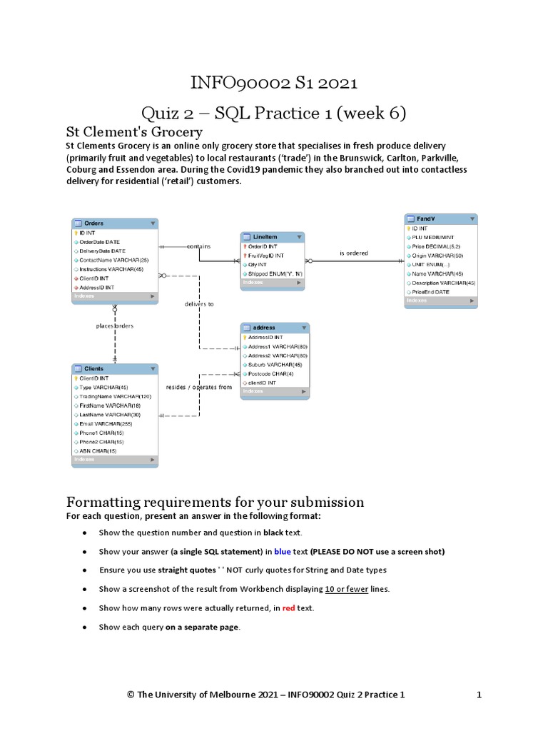 INFO90002 Quiz 2 Practice 1 | PDF | Relational Model | Data Management