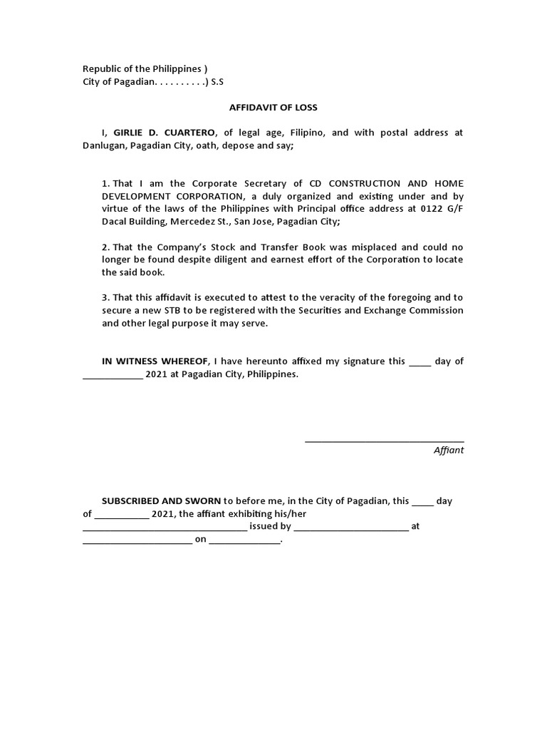 Affidavit of Loss - Stock Transfer | PDF | Affidavit | Legal Documents