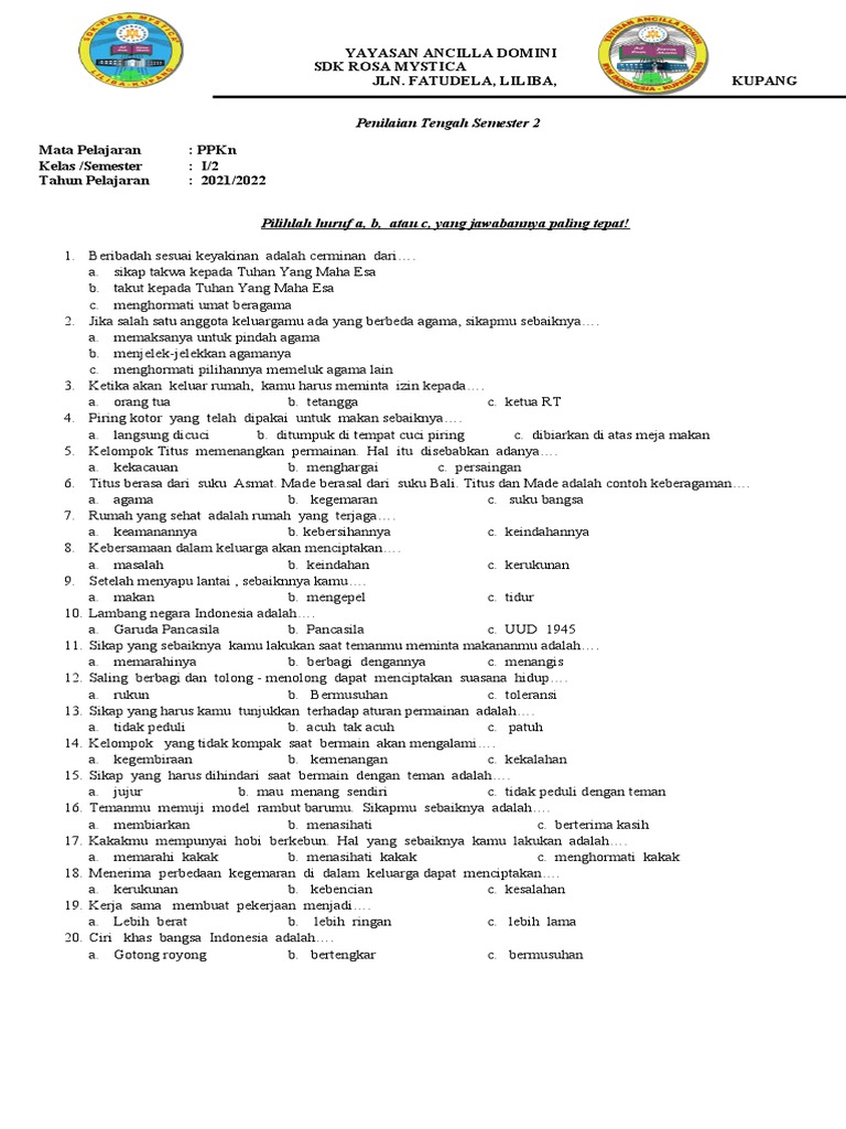 Soal PTS 2 Mapel PPKN 1 | PDF