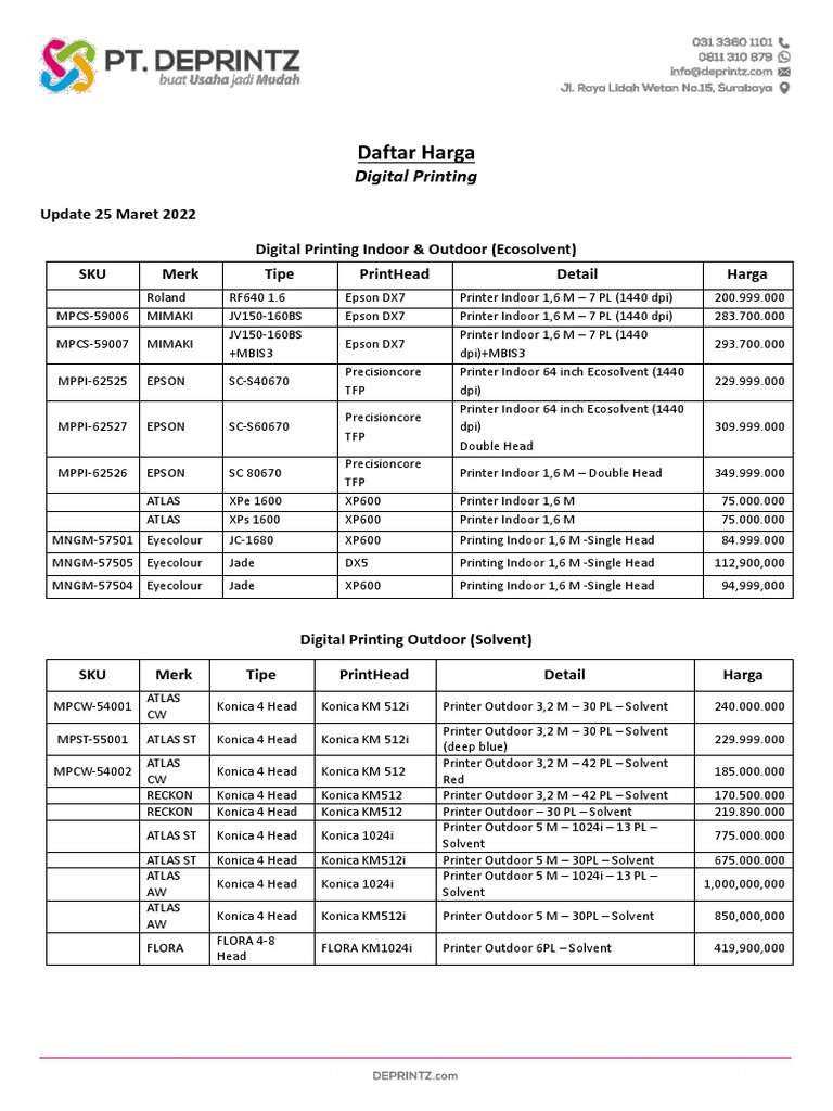 Daftar Harga: Digital Printing | PDF | Printer (Computing) | Equipment