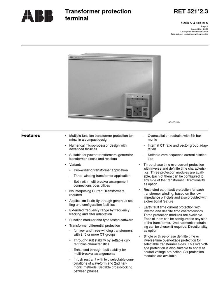 Transformer Protection Terminal RET 521 2.3: Features | PDF ...