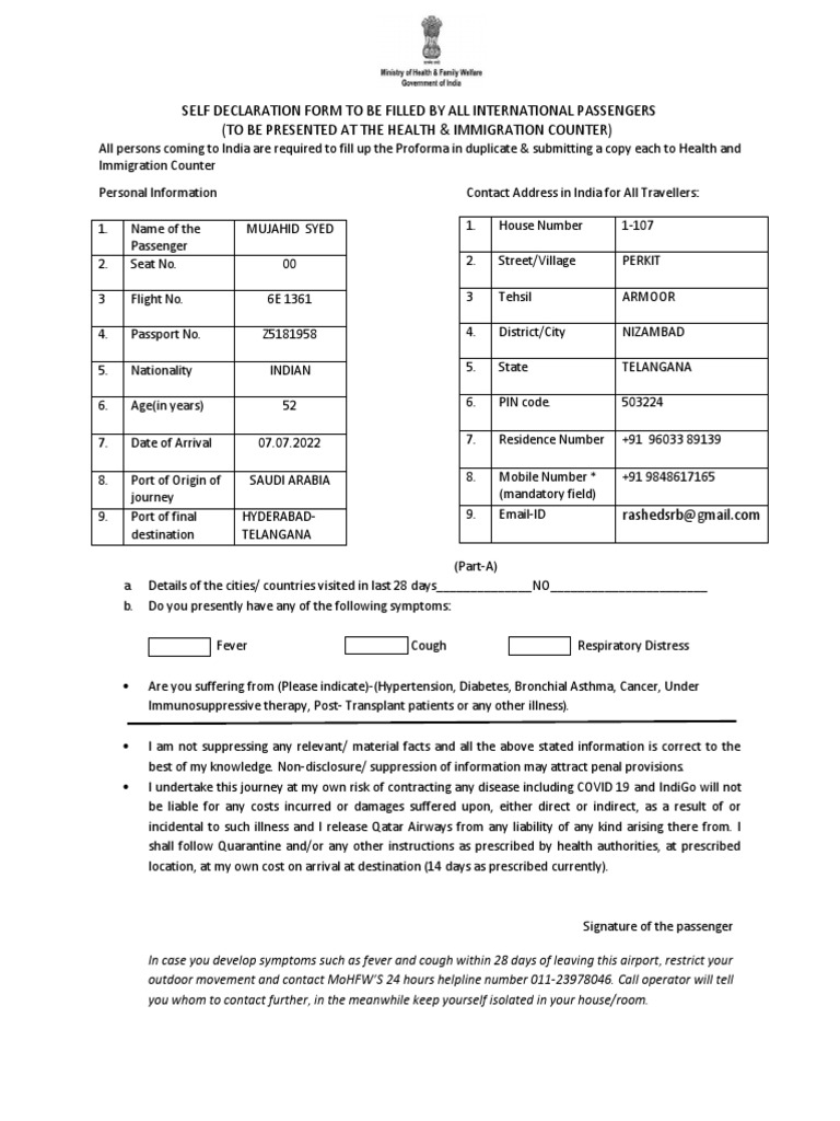 India International Travel Declaration Form | PDF | Cough | Clinical ...
