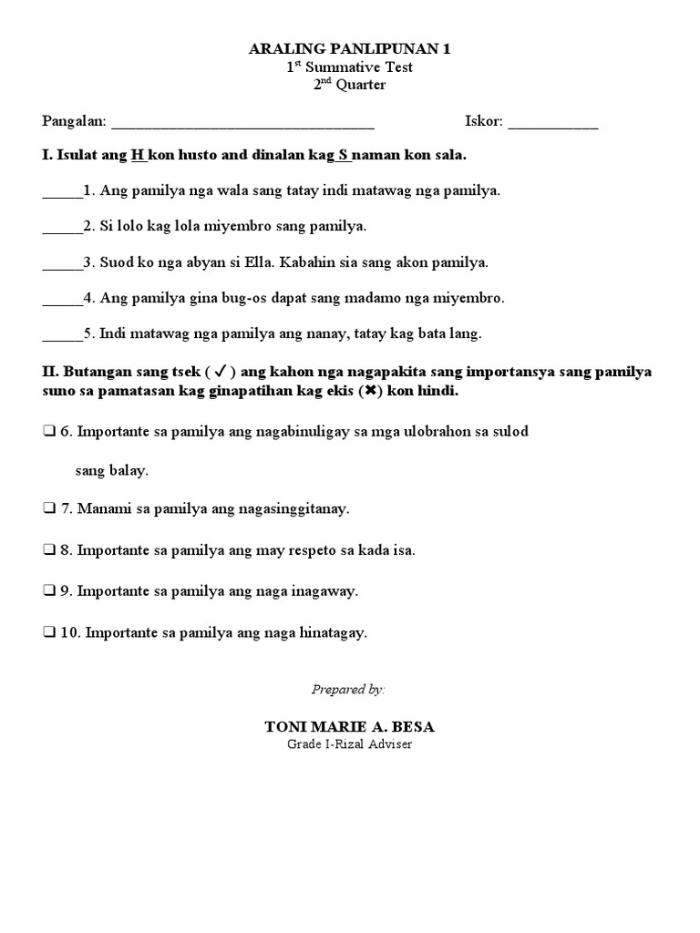 AP 1 - Q2 - ST1 Hiligaynon | PDF