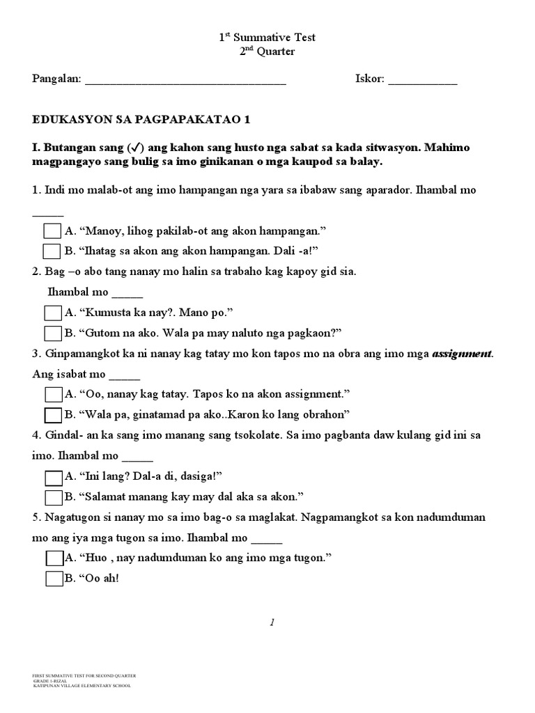 ESP 1 - Q2 - ST1 Hiligaynon | PDF