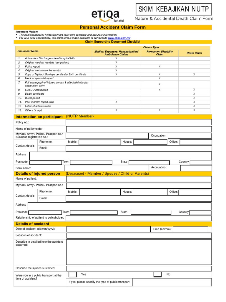 Nature & Accidental Death Claim Form - NUTP Tabung Kebajikan Fillable ...