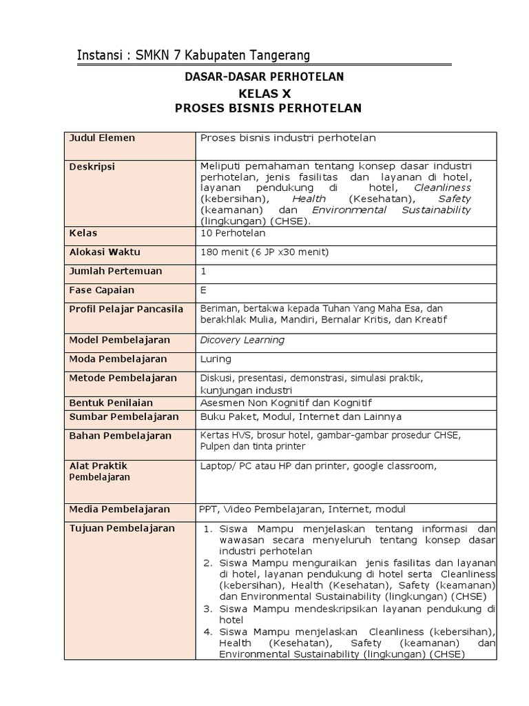 Modul Ajar Dasar Perhotelan (Ansi Rima Paramita SMKN 7 Kabupaten Tangerang) | PDF | Karier ...