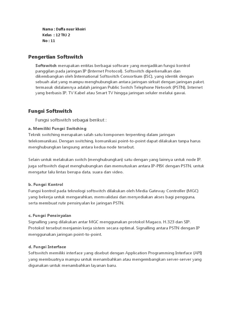 Pengertian Softswitch: Nama: Daffa Nuur Khoiri Kelas: 12 TKJ 2 No: 11 | PDF