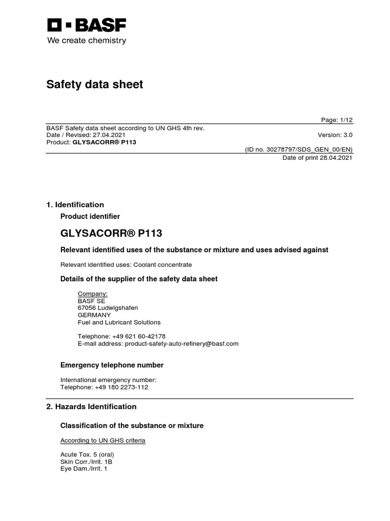 Safety Data Sheet: Glysacorr® P113 | PDF | Toxicity | Dangerous Goods