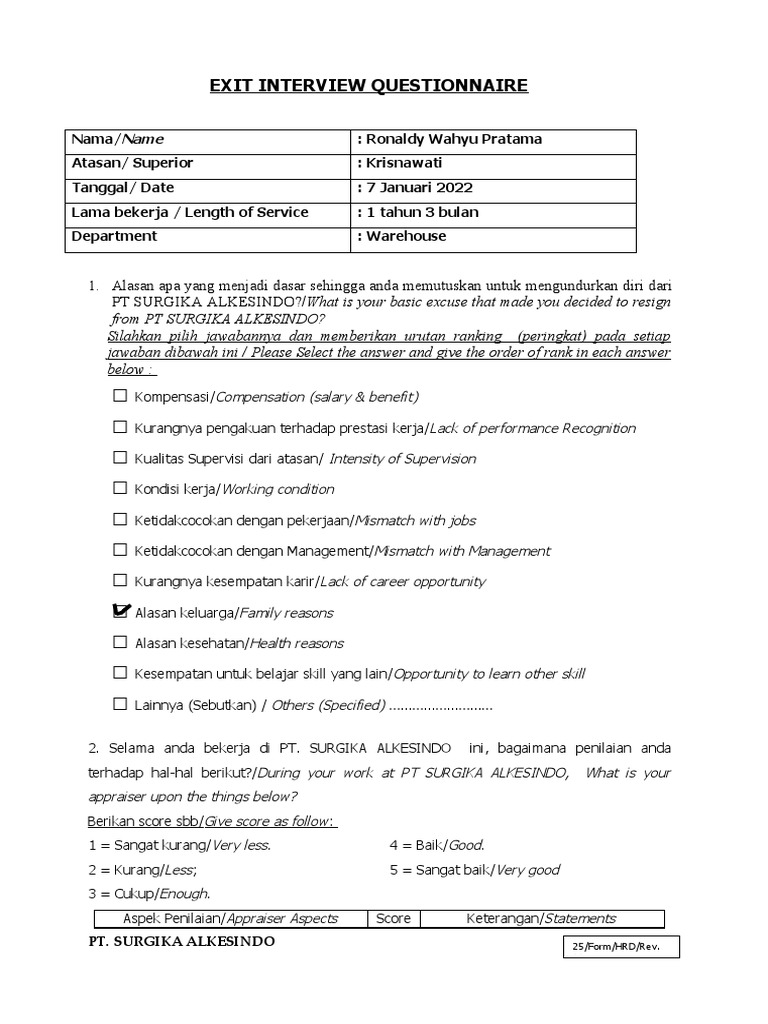 Kuesioner Exit Interview | PDF | Karier & Perkembangan