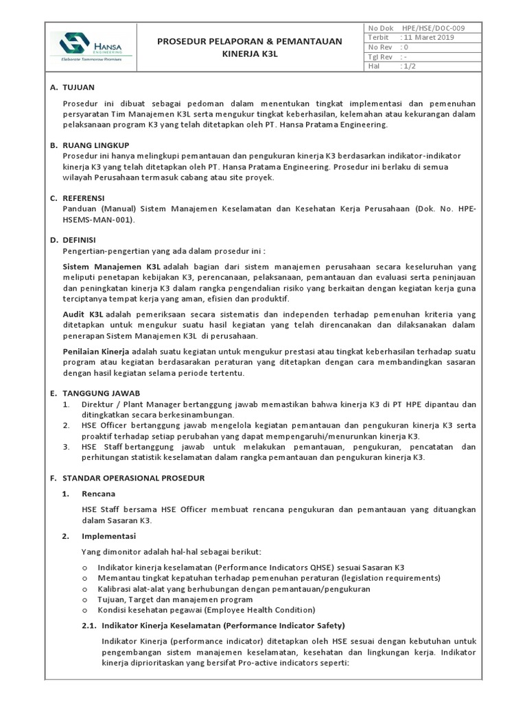 Prosedur Pelaporan - Pemantauan Kinerja K3L | PDF
