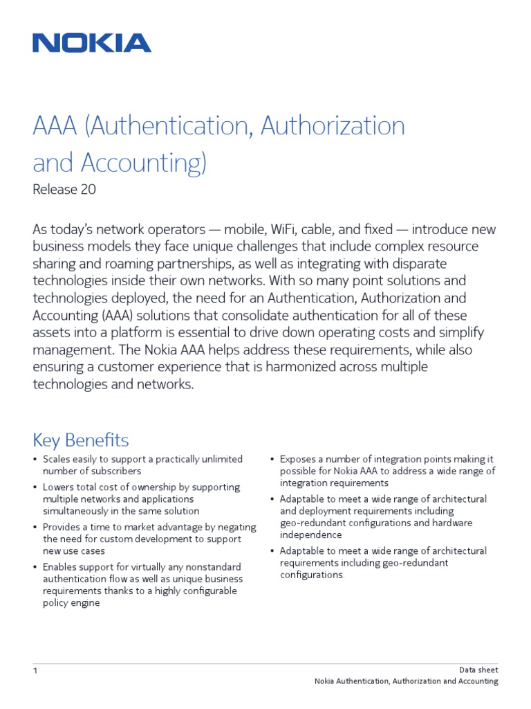 Aaa Authentication Authorization And Accounting Key Benefits Pdf Radius Computer Network