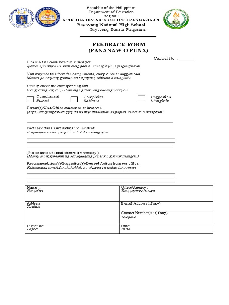 Feedback Form (Pananaw O Puna) : Bayoyong National High School | PDF