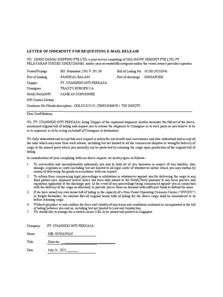 Loi Template Switch MBL in Singapore (TRX) | PDF | Cargo | Bill Of Lading