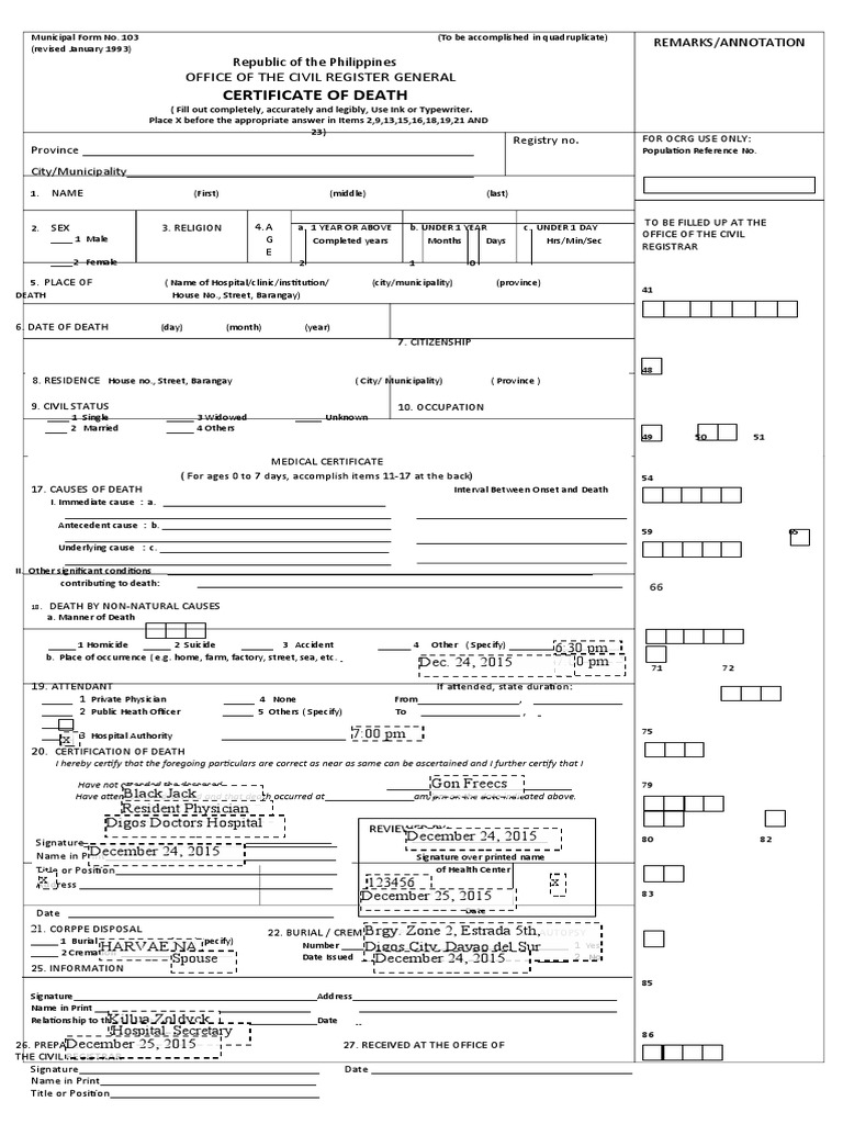Certificate of Death: Office of The Civil Register General | PDF ...