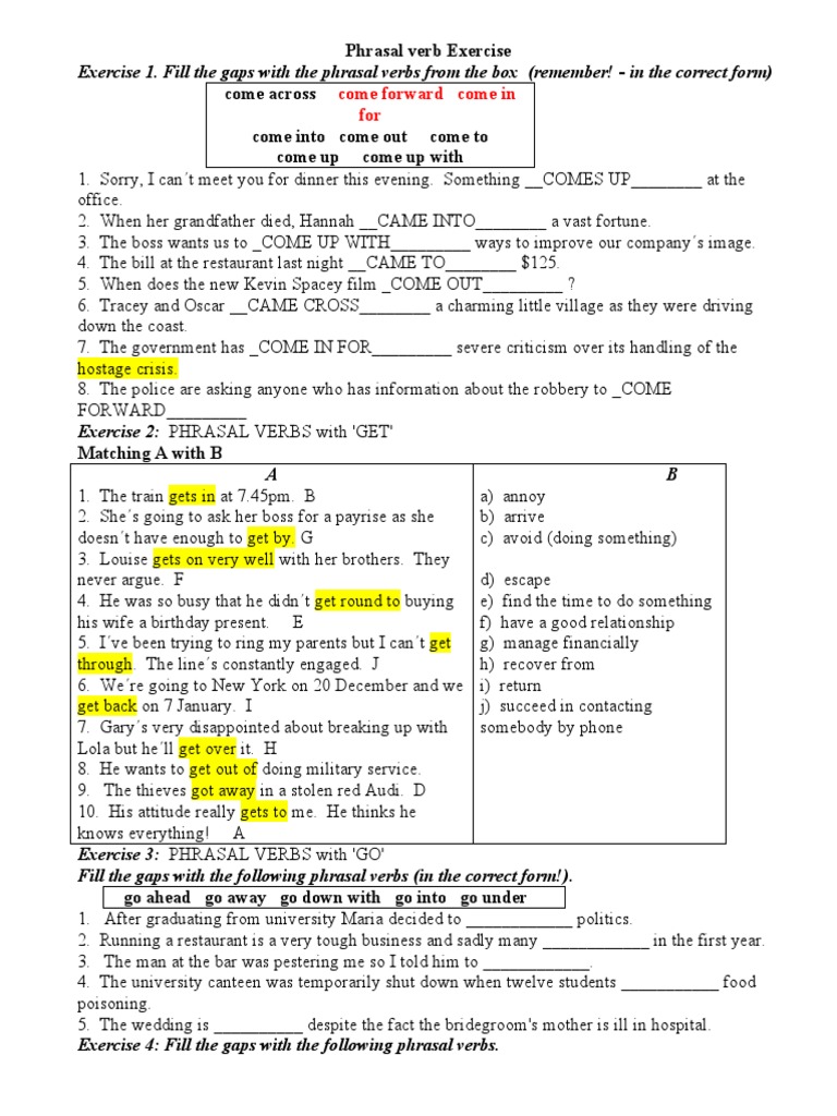 Phrasal Verb Exercise Come Across Come Into Come Out Come To Come Up ...
