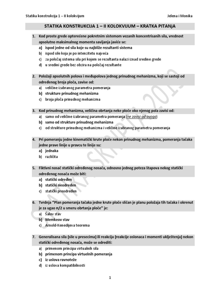 Statika 1 - II Kolokvijum Kratka Pitanja - Jelena Skripta | PDF