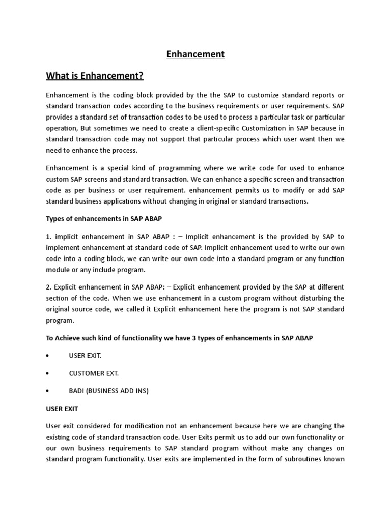 Enhancement What Is Enhancement?: Types of Enhancements in SAP ABAP | PDF | Subroutine | Programming