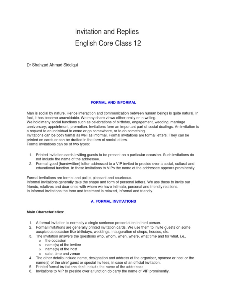 Invitation and Replies English Core Class 12: DR Shahzad Ahmad Siddiqui ...