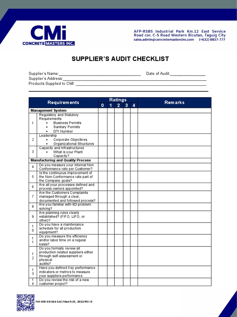 Supplier'S Audit Checklist: Requirements Ratings Remarks 0 1 2 3 4 ...