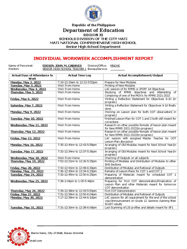 Department of Education: Individual Workweek Accomplishment Report ...