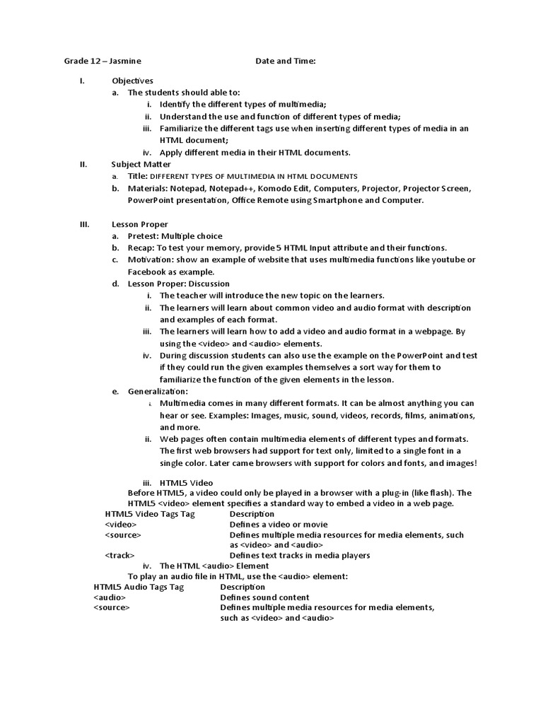 Lesson Plan Observation DIFFERENT TYPES OF MULTIMEDIA IN HTML DOCUMENTS ...