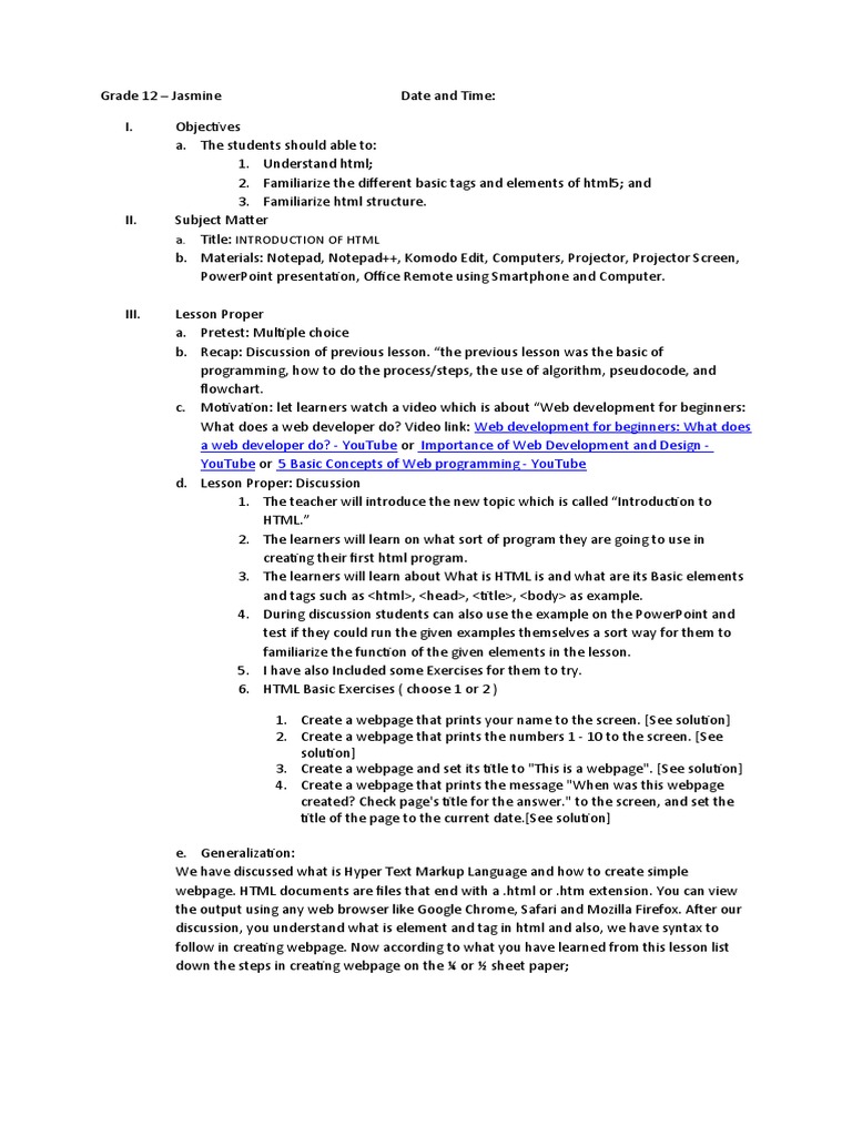 Introduction to HTML for Grade 12 Students | PDF | Html | Html Element