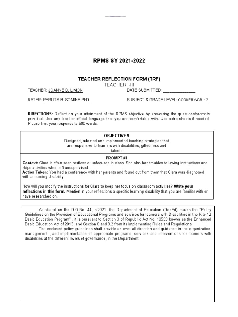 RPMS SY 2021-2022: Teacher Reflection Form (TRF) | PDF