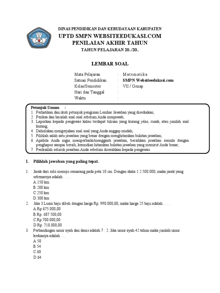 Soal PAT MTK Kelas VII | PDF