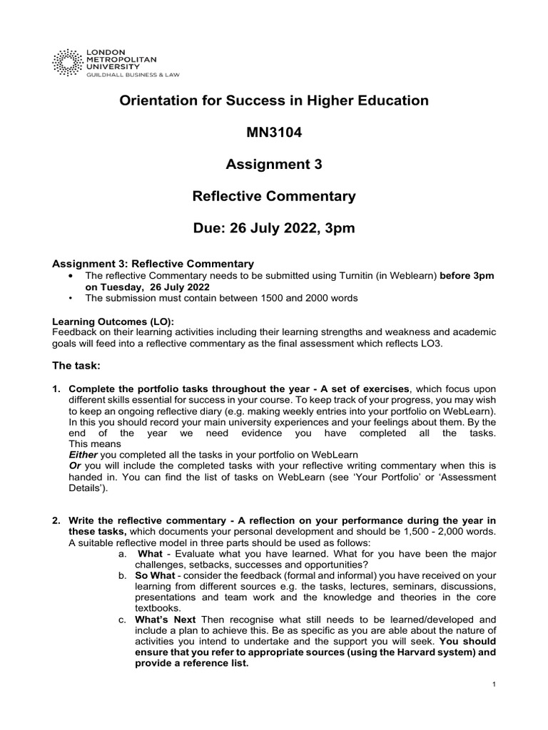 MN3104 Assignment 3 - Reflective Commentary - Brief and Grading Scheme ...