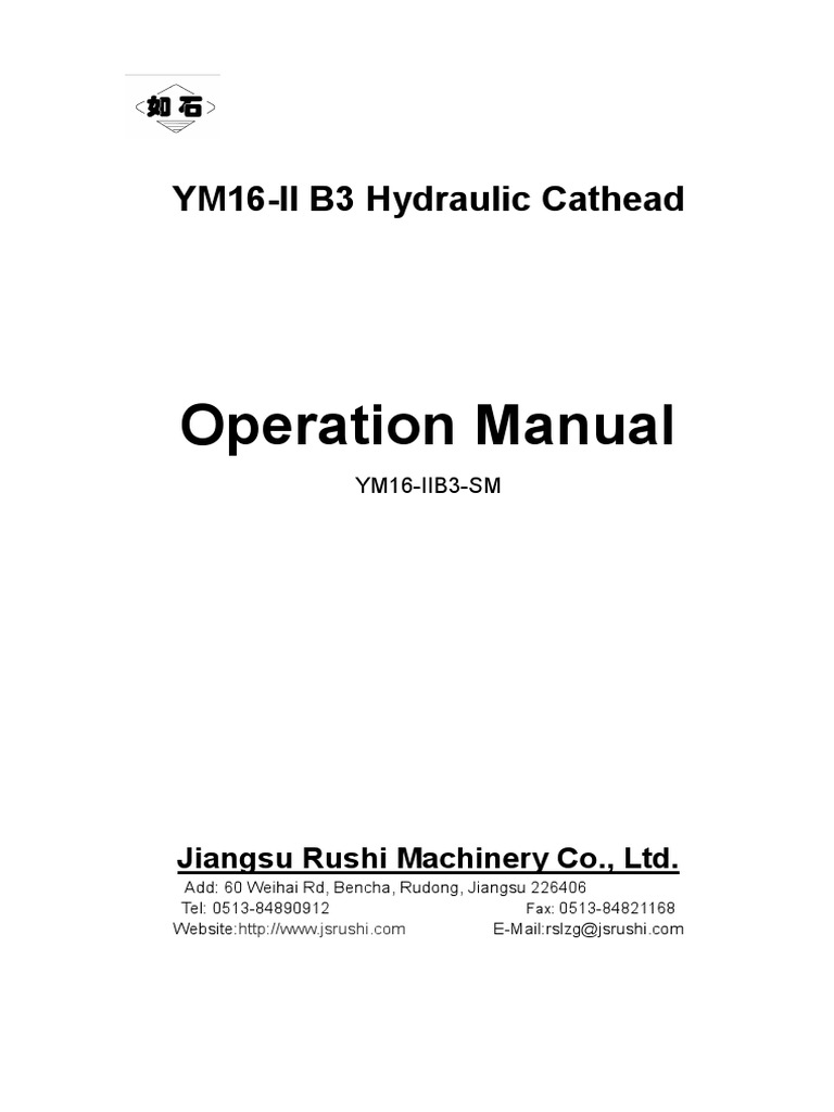 Operation Manual: YM16-II B3 Hydraulic Cathead | PDF | Piston | Valve