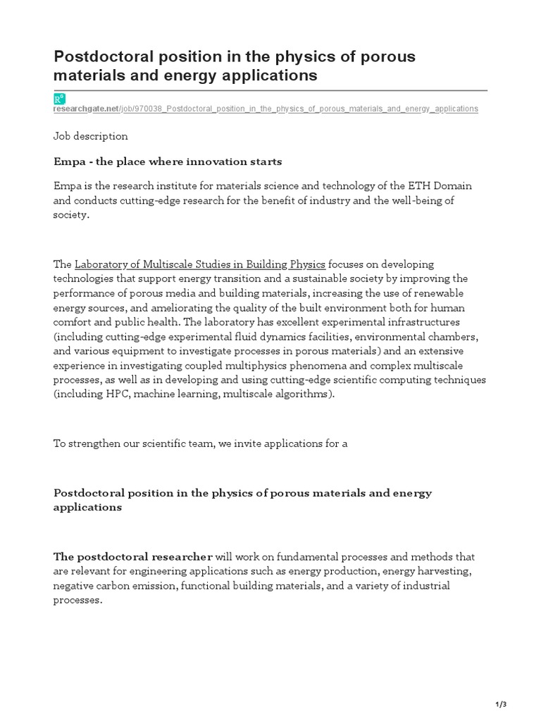 Postdoctoral Position in The Physics of Porous Materials and Energy ... Postdoctoral Position in The Physics of Porous Materials and Energy ...