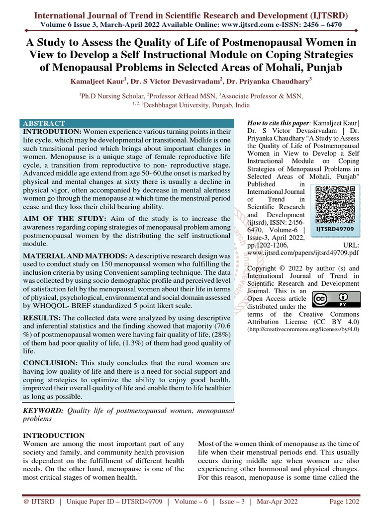 A Study To Assess The Quality of Life of Postmenopausal Women in View ...