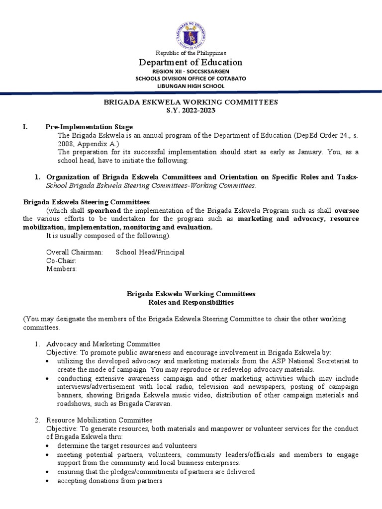 Brigada Eskwela 2025 Committee Roles | PDF | Marketing | Economies