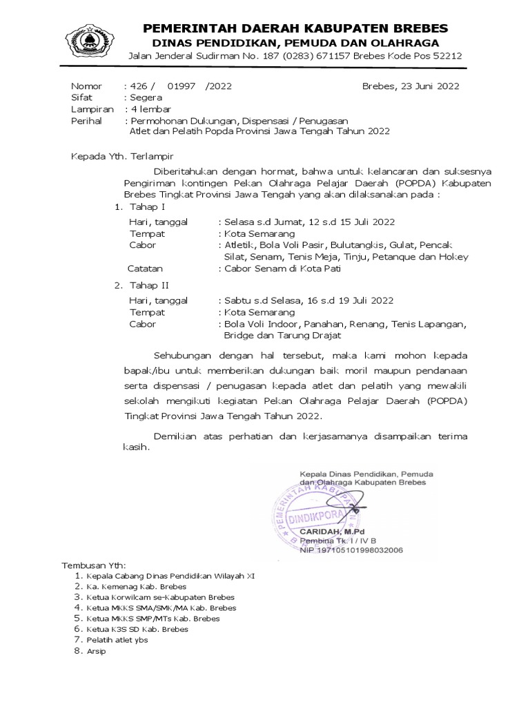 Surat Permohonan Dukungan Dan Dispensasi Popda Prov | PDF