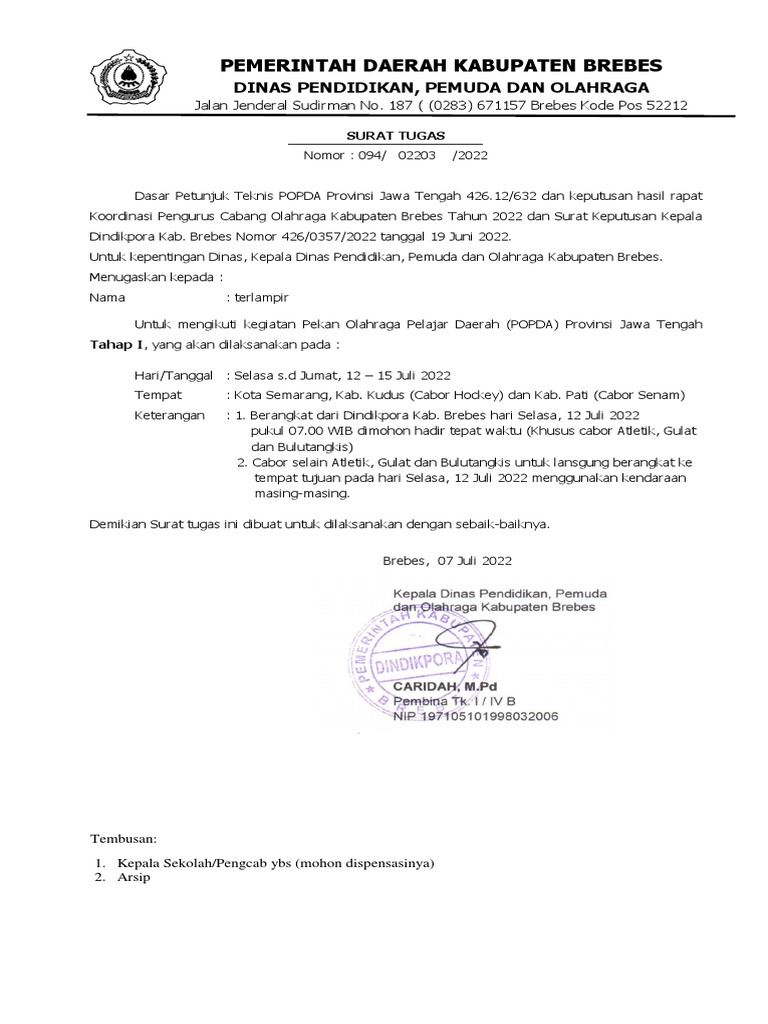 Surat Tugas Popda Tahap 1 | PDF