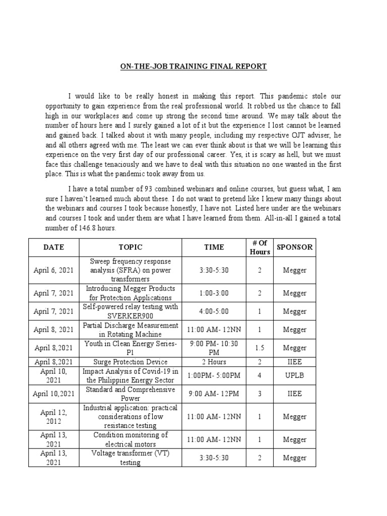 OJT Experience and Training Report | PDF | Electrical Engineering ...