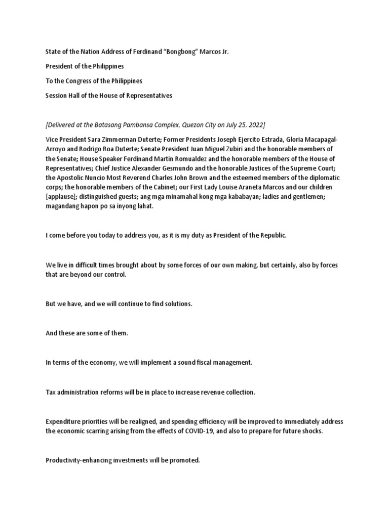 President Marcos SONA PDF | PDF | World Politics | President Of The ...