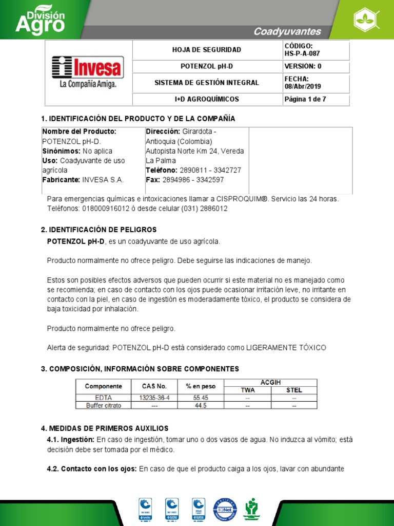 POTENZOL-pH-D - HS | PDF | Agua | Pesticida