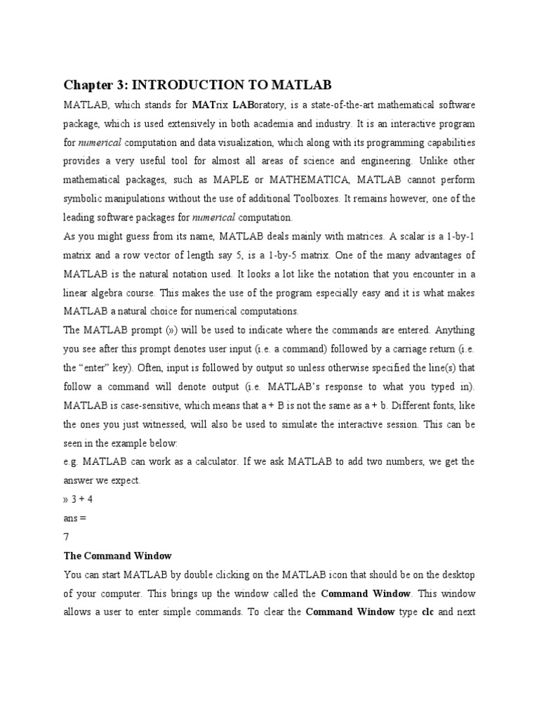 Chapter 3 INTRODUCTION TO MATLAB | PDF | Matrix (Mathematics) | Matlab